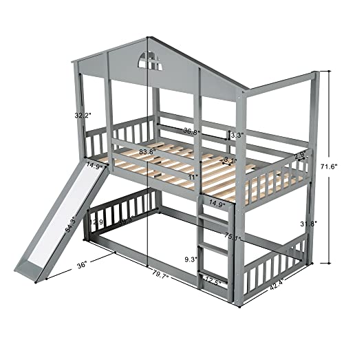 House Bunk Bed with Slide, Twin Over Twin Bunk Bed with Convertible Slide and Ladder, Floor Bunk Bed Frame, Converts into 2 Separate Platform Beds, No Box Spring Needed (Twin, Gray)