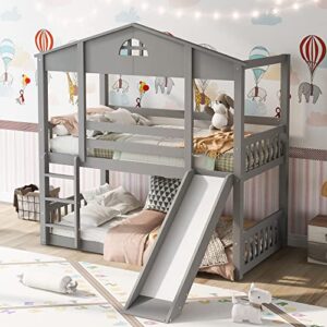 House Bunk Bed with Slide, Twin Over Twin Bunk Bed with Convertible Slide and Ladder, Floor Bunk Bed Frame, Converts into 2 Separate Platform Beds, No Box Spring Needed (Twin, Gray)