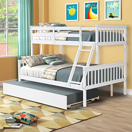 Tatub Twin Over Full Bunk Bed with Trundle, Ladder and Guard Rails, Pine Wood Frame, 3 in 1 Convertible Bunk Bed with Trundle for Kids, Teens, Adults, No Box Spring Needed, Bunk Bed White