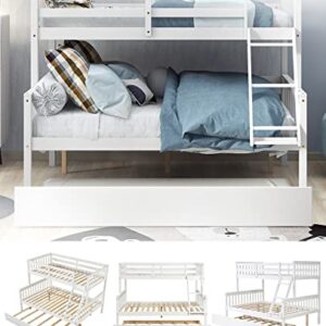 Tatub Twin Over Full Bunk Bed with Trundle, Ladder and Guard Rails, Pine Wood Frame, 3 in 1 Convertible Bunk Bed with Trundle for Kids, Teens, Adults, No Box Spring Needed, Bunk Bed White