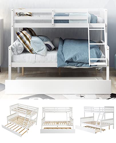 Tatub Twin Over Full Bunk Bed with Trundle, Ladder and Guard Rails, Pine Wood Frame, 3 in 1 Convertible Bunk Bed with Trundle for Kids, Teens, Adults, No Box Spring Needed, Bunk Bed White