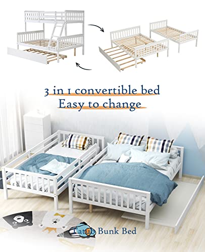 Tatub Twin Over Full Bunk Bed with Trundle, Ladder and Guard Rails, Pine Wood Frame, 3 in 1 Convertible Bunk Bed with Trundle for Kids, Teens, Adults, No Box Spring Needed, Bunk Bed White