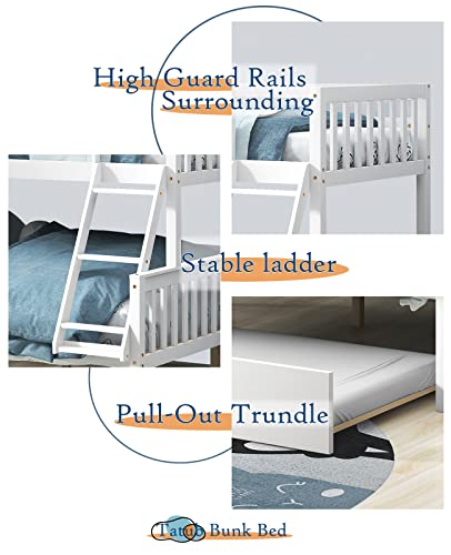 Tatub Twin Over Full Bunk Bed with Trundle, Ladder and Guard Rails, Pine Wood Frame, 3 in 1 Convertible Bunk Bed with Trundle for Kids, Teens, Adults, No Box Spring Needed, Bunk Bed White