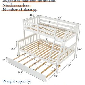 Tatub Twin Over Full Bunk Bed with Trundle, Ladder and Guard Rails, Pine Wood Frame, 3 in 1 Convertible Bunk Bed with Trundle for Kids, Teens, Adults, No Box Spring Needed, Bunk Bed White