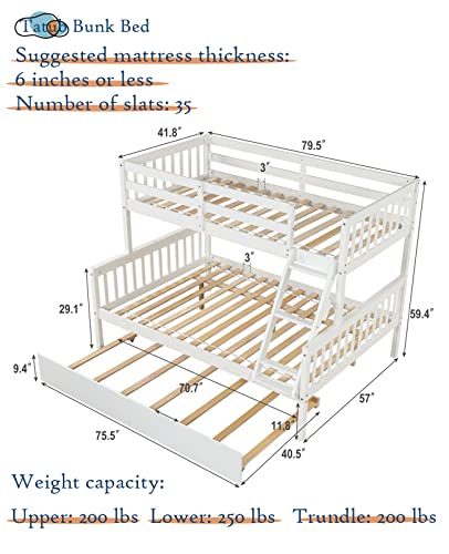 Tatub Twin Over Full Bunk Bed with Trundle, Ladder and Guard Rails, Pine Wood Frame, 3 in 1 Convertible Bunk Bed with Trundle for Kids, Teens, Adults, No Box Spring Needed, Bunk Bed White