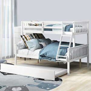 Tatub Twin Over Full Bunk Bed with Trundle, Ladder and Guard Rails, Pine Wood Frame, 3 in 1 Convertible Bunk Bed with Trundle for Kids, Teens, Adults, No Box Spring Needed, Bunk Bed White