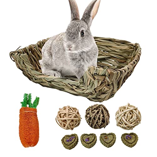 BNOSDM Rabbit Grass Bed 9 PCS Natural Straw Bunny Hay Bed Hand-Made Woven Guinea Pig Grass Basket with Chew Toys for Chinchillas Ferrets Gerbils Hamsters Small Animals