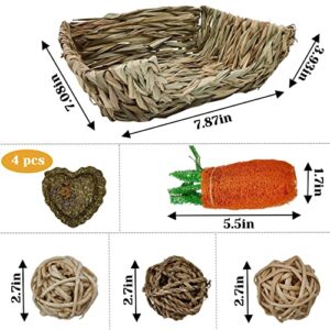 BNOSDM Rabbit Grass Bed 9 PCS Natural Straw Bunny Hay Bed Hand-Made Woven Guinea Pig Grass Basket with Chew Toys for Chinchillas Ferrets Gerbils Hamsters Small Animals