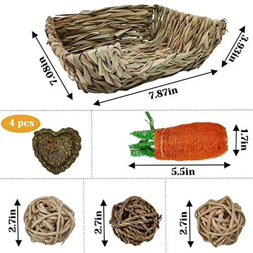 BNOSDM Rabbit Grass Bed 9 PCS Natural Straw Bunny Hay Bed Hand-Made Woven Guinea Pig Grass Basket with Chew Toys for Chinchillas Ferrets Gerbils Hamsters Small Animals