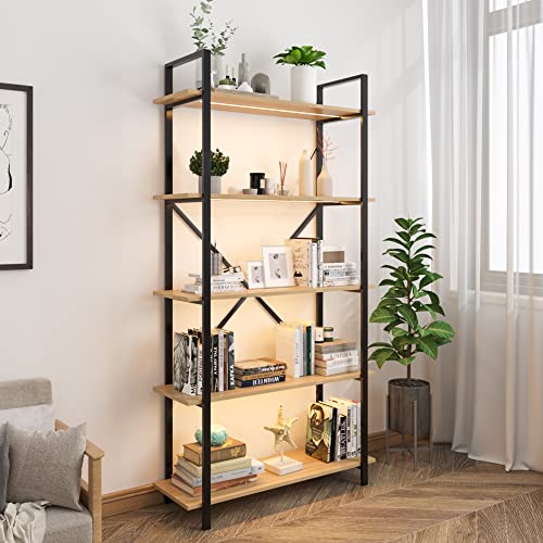 Vlsrka 5 Tier Industrial Bookshelf with 3 LED Lights,Tall Bookshelf Large Etagere Bookshelf Open Display Shelves Wood and Metal Standing Bookshelf Modern Bookcase Storage Shelving Unit for Home Office