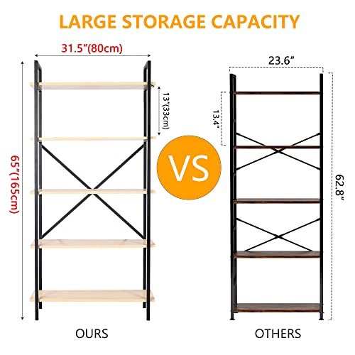 Vlsrka 5 Tier Industrial Bookshelf with 3 LED Lights,Tall Bookshelf Large Etagere Bookshelf Open Display Shelves Wood and Metal Standing Bookshelf Modern Bookcase Storage Shelving Unit for Home Office