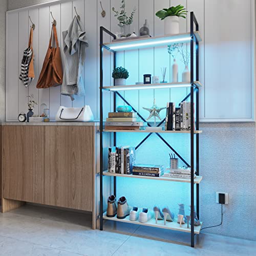 Vlsrka 5 Tier Industrial Bookshelf with 3 LED Lights,Tall Bookshelf Large Etagere Bookshelf Open Display Shelves Wood and Metal Standing Bookshelf Modern Bookcase Storage Shelving Unit for Home Office