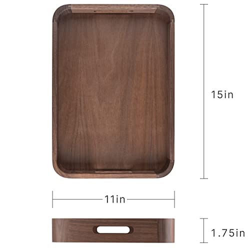 Insunen Rectangle Black Walnut Serving Tray with Handles, Solid Wooden Serving Tray, Decorative Tray, Coffee Table Tray, Food Tray for Eating,Breakfast, Party, Kitchen (14x10x1.95in)