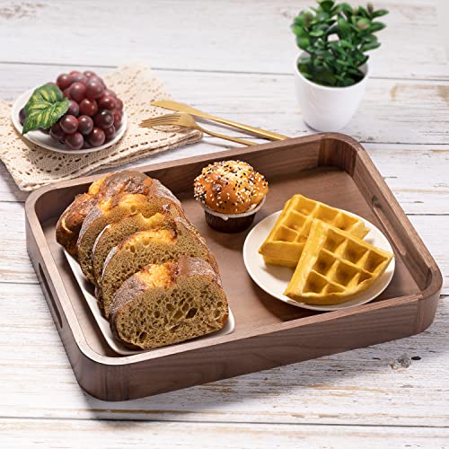 Insunen Rectangle Black Walnut Serving Tray with Handles, Solid Wooden Serving Tray, Decorative Tray, Coffee Table Tray, Food Tray for Eating,Breakfast, Party, Kitchen (14x10x1.95in)