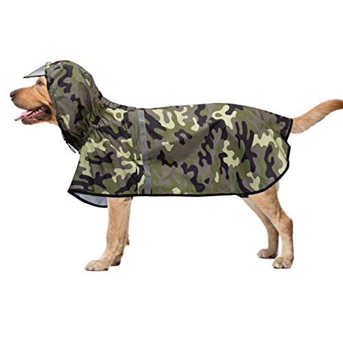 Dog Raincoat with Adjustable Belly Strap and Leash Hole - Hoodie with Reflective Strip - Waterproof Slicker Lightweight Breathable Rain Poncho Jacket for Medium Large Dogs - Easy to Wear