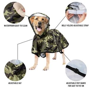 Dog Raincoat with Adjustable Belly Strap and Leash Hole - Hoodie with Reflective Strip - Waterproof Slicker Lightweight Breathable Rain Poncho Jacket for Medium Large Dogs - Easy to Wear