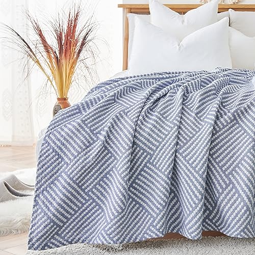 jinchan Boho 100% Cotton Blanket Muslin Lightweight Twin Size Quilted Throw Blanket for Couch Soft Cozy All Season Blanket 3-Layer Geometric Cotton Blanket for Bedroom Decor Blue 60”x80“