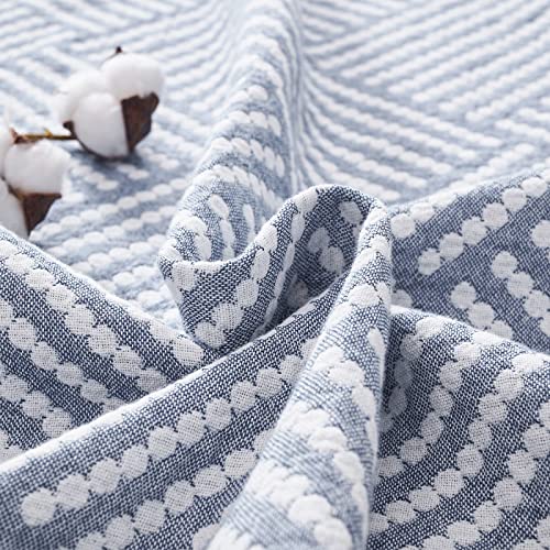 jinchan Boho 100% Cotton Blanket Muslin Lightweight Twin Size Quilted Throw Blanket for Couch Soft Cozy All Season Blanket 3-Layer Geometric Cotton Blanket for Bedroom Decor Blue 60”x80“