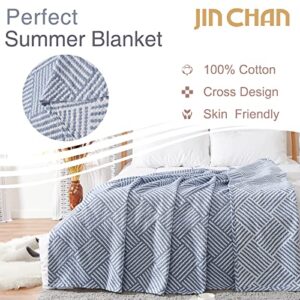 jinchan Boho 100% Cotton Blanket Muslin Lightweight Twin Size Quilted Throw Blanket for Couch Soft Cozy All Season Blanket 3-Layer Geometric Cotton Blanket for Bedroom Decor Blue 60”x80“