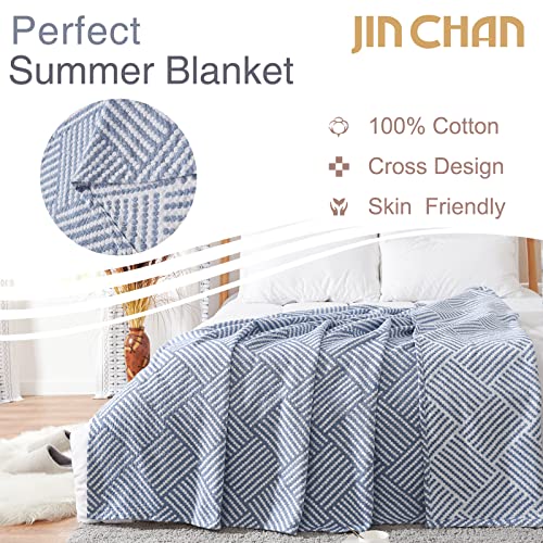 jinchan Boho 100% Cotton Blanket Muslin Lightweight Twin Size Quilted Throw Blanket for Couch Soft Cozy All Season Blanket 3-Layer Geometric Cotton Blanket for Bedroom Decor Blue 60”x80“