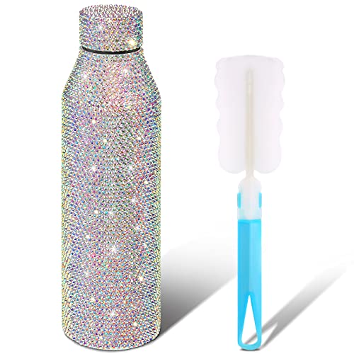 Diamond Water Bottle Cute Rhinestone Water Bottles for Women Stainless Steel Bling Tumbler Refillable Bling Cups with Rhinestones Crystal Insulated Bottles with Sponge Cup Brush,750ml(White AB Color)