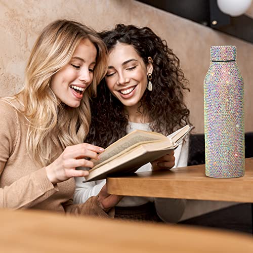 Diamond Water Bottle Cute Rhinestone Water Bottles for Women Stainless Steel Bling Tumbler Refillable Bling Cups with Rhinestones Crystal Insulated Bottles with Sponge Cup Brush,750ml(White AB Color)