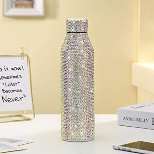 Diamond Water Bottle Cute Rhinestone Water Bottles for Women Stainless Steel Bling Tumbler Refillable Bling Cups with Rhinestones Crystal Insulated Bottles with Sponge Cup Brush,750ml(White AB Color)