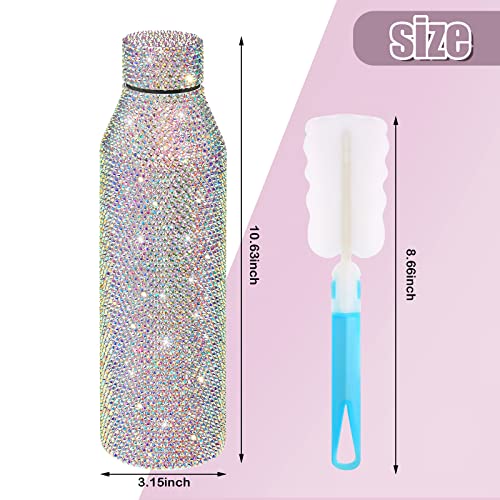 Diamond Water Bottle Cute Rhinestone Water Bottles for Women Stainless Steel Bling Tumbler Refillable Bling Cups with Rhinestones Crystal Insulated Bottles with Sponge Cup Brush,750ml(White AB Color)