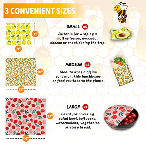 Reusable Beeswax Wrap - 9 Pack Eco-Friendly Beeswax Wraps For Food, Organic, Sustainable, Biodegradable, Zero Waste, Plastic-Free Food Storage, 1L Strawberry, 3M Orange, 5S Lemon Patterns