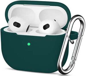 jtomei airpods 3 case cover with keychain, full protective silicone case accessories for airpods 3rd generation, front led visible, dark green