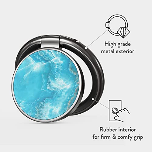 BURGA Stylish Metal Cell Phone Ring Stand Holder, Finger Grip Kickstand 360 Degree Rotation, Blue Teal Marble Stone, Universal Compatible with iPhone iPad Samsung Galaxy Huawei Google Pixel