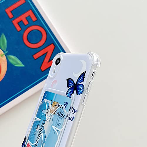 Tuokiou Case for iPhone XR, Butterfly Clear Mood Card Slot Case, Slim Fit Printing Soft TPU Wallet Case with Bumper,Cute Card Holder Pocket Case for Apple iPhone XR 6.1 inch