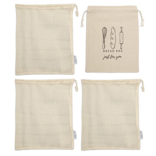 Pretty Wallaby| Onion&Potato Reusable Mesh Bags| Vegetable Storage Bags| 100% Cotton| Set of 3 X-Large Bags&1 Large Linen Bread Bag