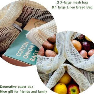 Pretty Wallaby| Onion&Potato Reusable Mesh Bags| Vegetable Storage Bags| 100% Cotton| Set of 3 X-Large Bags&1 Large Linen Bread Bag