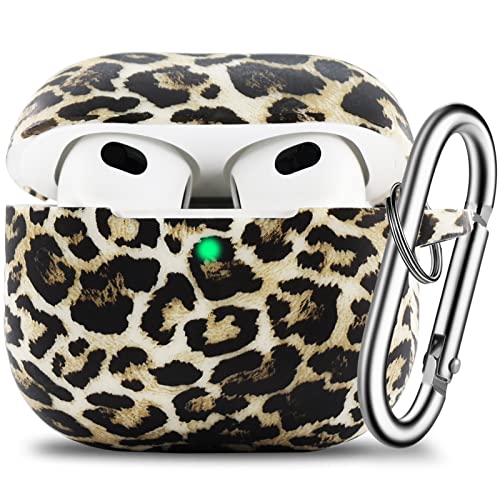 R-fun Airpods 3rd Generation Case Cover with Keychain, Soft Silicone Floral Printed Cover for Women Girls with 2021 Apple Airpods 3 Charging Case-Leopard