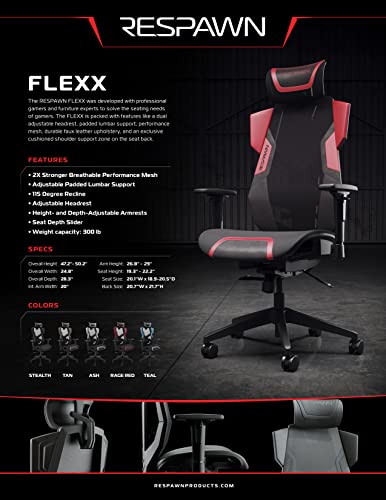 RESPAWN FLEXX Gaming Chair Mesh Ergonomic High Back PC Computer Desk Office Chair - Adjustable Lumbar Support, Seat-Slide, 115 Degree Syncro-Tilt Recline, 2D Armrests & Headrest, 300lb Max - Black