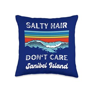 funny sanibel island lovers wrinkled hippie salty hair don't care funny sanibel island florida lovers throw pillow, 16x16, multicolor