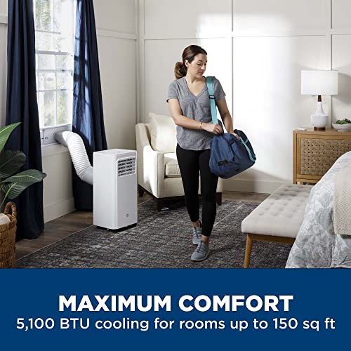 GE 5,100 BTU Portable Air Conditioner for Small Rooms up to 150 sq ft., 3-in-1 with Dehumidify, Fan and Auto Evaporation, Included Window Installation Kit,White