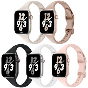 qrose 5 pack bands compatible with apple watch 38mm 40mm 41mm 42mm 44mm 45mm 49mm, slim thin narrow replacement silicone sport strap wristbands for iwatch series ultra 8/7/6/5/4/3/2/1 se women men