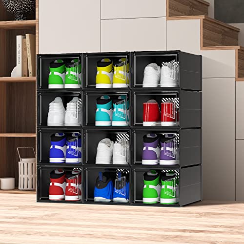 X-Large Shoe Storage Boxes, 8 Pack Black Shoe Box Clear Plastic Stackable, Foldable Plastic Shoe Boxes with Lids, Sneaker Storage for Sneakerheads, Shoe Holder Shoe Organizer Shoe Rack Shoe Bin, Fit for Men/Women US Size 13 (Black)