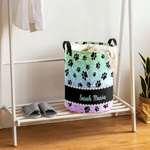 Cute Paws Footprint Rainbow Personalized Custom Laundry Basket Clothes Round Storage Handle Waterproof, Custom Foldable Large Capacity and Lightweight, For Bedroom Bathroom Decoration