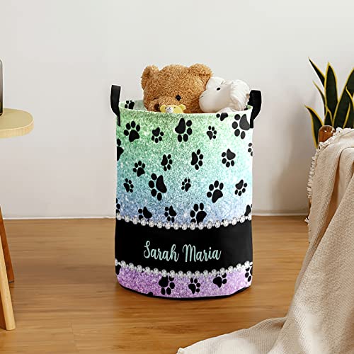 Cute Paws Footprint Rainbow Personalized Custom Laundry Basket Clothes Round Storage Handle Waterproof, Custom Foldable Large Capacity and Lightweight, For Bedroom Bathroom Decoration