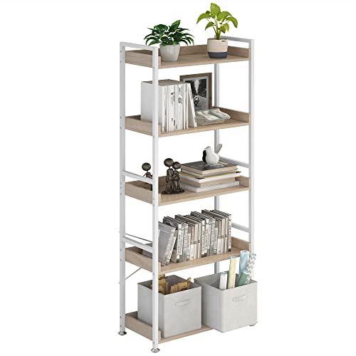 4NM Open Shelf 5-Tier Industrial Bookshelf Storage Shelves Vintage Bookcase Standing Racks for Home Office Pantry Closet Kitchen Laundry - Natural and White