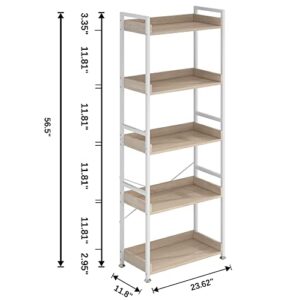 4NM Open Shelf 5-Tier Industrial Bookshelf Storage Shelves Vintage Bookcase Standing Racks for Home Office Pantry Closet Kitchen Laundry - Natural and White