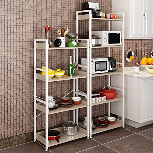 4NM Open Shelf 5-Tier Industrial Bookshelf Storage Shelves Vintage Bookcase Standing Racks for Home Office Pantry Closet Kitchen Laundry - Natural and White