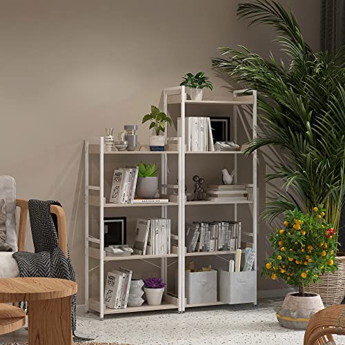 4NM Open Shelf 5-Tier Industrial Bookshelf Storage Shelves Vintage Bookcase Standing Racks for Home Office Pantry Closet Kitchen Laundry - Natural and White