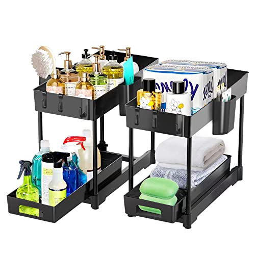 2 Pack Under Sink Organizer with Sliding Storage Drawer, 2 Tier Under Sink Organizers and Storage with 8 Hooks and 2 Hanging Cups, Multi-purpose Under Sink Storage for Kitchen Bathroom Cabinet, Black