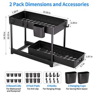 2 Pack Under Sink Organizer with Sliding Storage Drawer, 2 Tier Under Sink Organizers and Storage with 8 Hooks and 2 Hanging Cups, Multi-purpose Under Sink Storage for Kitchen Bathroom Cabinet, Black