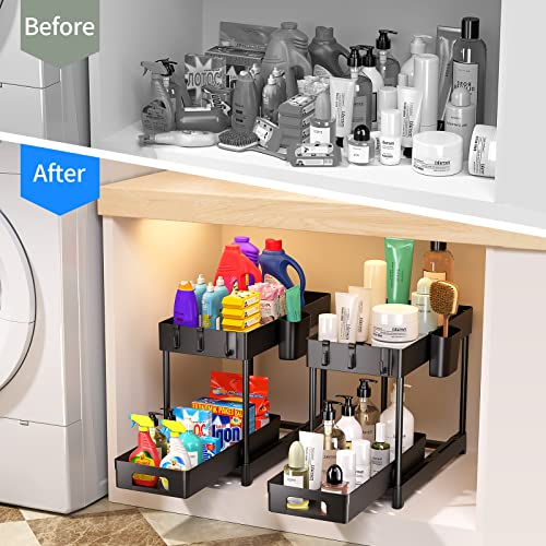 2 Pack Under Sink Organizer with Sliding Storage Drawer, 2 Tier Under Sink Organizers and Storage with 8 Hooks and 2 Hanging Cups, Multi-purpose Under Sink Storage for Kitchen Bathroom Cabinet, Black