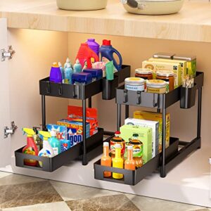 2 Pack Under Sink Organizer with Sliding Storage Drawer, 2 Tier Under Sink Organizers and Storage with 8 Hooks and 2 Hanging Cups, Multi-purpose Under Sink Storage for Kitchen Bathroom Cabinet, Black